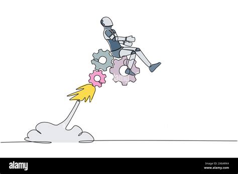 Single One Line Drawing Robot Riding Gear Rocket Flying In The Sky
