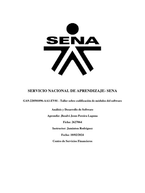 Ga9 220501096 Aa1 Ev01 Taller Sobre Codificación De Módulos Del Software Pdf Software