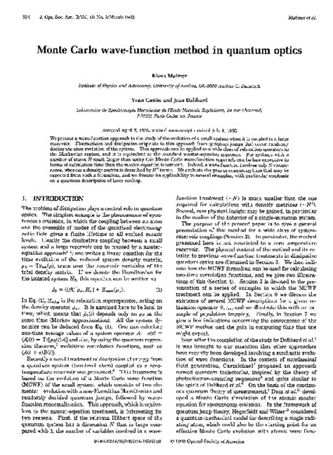 Pdf Monte Carlo Wave Function Method In Quantum Optics