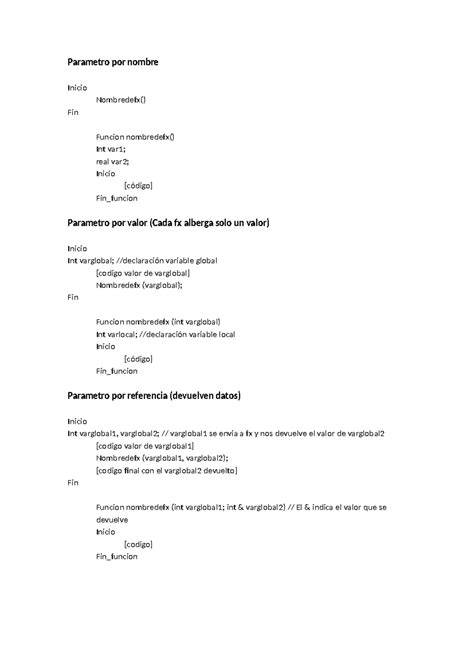 Funciones En Pseudocodigo Parametros Parametro Por Nombre Inicio