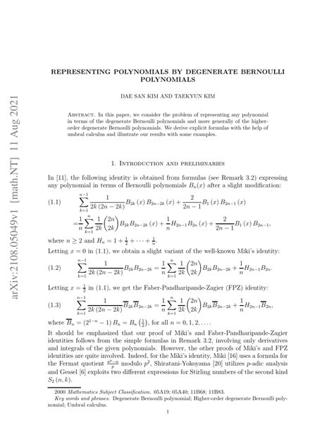 Pdf Representing Polynomials By Degenerate Bernoulli Polynomials