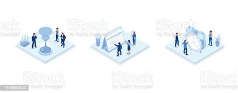 시간 관리 및 일정 계획 장면 일과 생활 시간을 관리하고 일상 업무를 조직하고 달력에 표시를 하고 아이소메트릭 벡터 일러스트레이션을 설정하는 캐릭터 개념에 대한 스톡 벡터