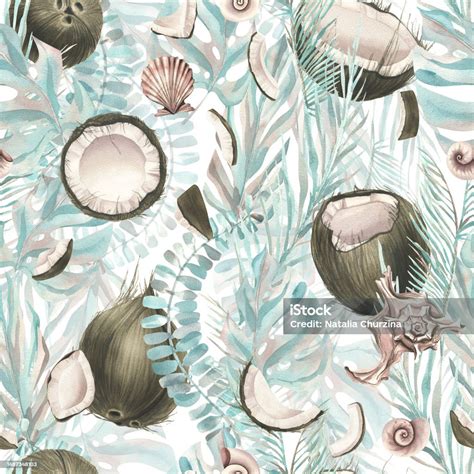 열대 청록색은 다양한 모양과 코코넛 조각으로 나뭇잎을 남깁니다 수채화 그림입니다 Coconut 컬렉션의 매끄러운 패턴 직물 직물 벽지 포장 메뉴 조리법 가을 단풍에 대한