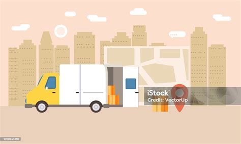 온라인 온라인 추적기를 추적 하는 상품의 배달입니다 스마트폰 소포 배달 트럭 지도 스톱 워치 개념 아이디어 벡터 웹 사이트 상점