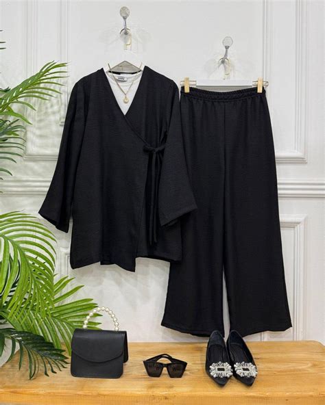 Mumpy Kimonalı İkili Takım Siyah Yeni Sezon Tesettür Giyim