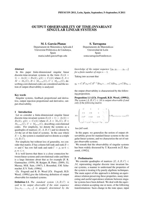 PDF Output Observability Of Time Invariant Singular Linear Systems