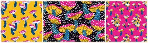 완벽 한 패턴 손으로 그린 유독 한 버섯과 추상적 인 낙서 인쇄 플라이 Agaric과 예술적인 복고풍 디자인 벡터 일러스트 레이 션 1960 1969 년에 대한 스톡 벡터