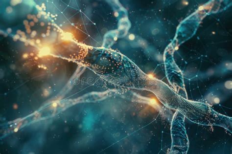Close Up Of A Neuron Like Structure With Dynamic Glowing Connections And Floating Particles In