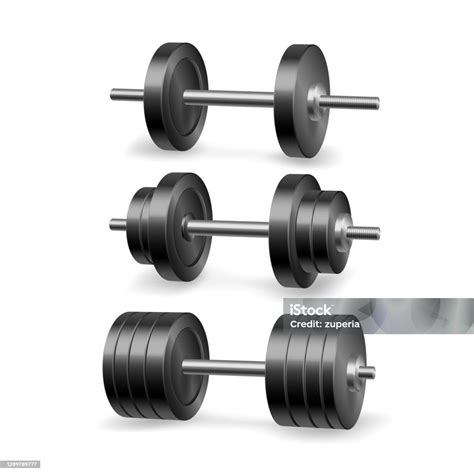 바벨 세트 흰색 배경에 현실적인 아령 피트니스 체육관 및 보디 빌딩 웨이트 장비 3차원 형태에 대한 스톡 벡터 아트 및 기타