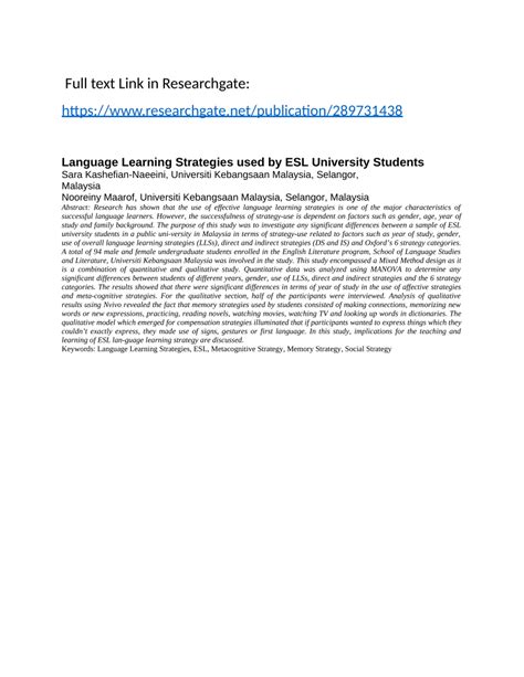 Pdf Malaysian Esl Learners Use Of Language Learning Strategies