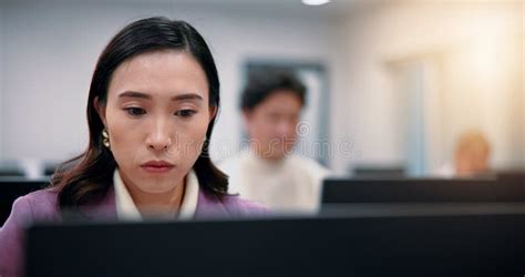 Japanese Woman Business And Computer For Reading Email Concentration Or Serious In Creative