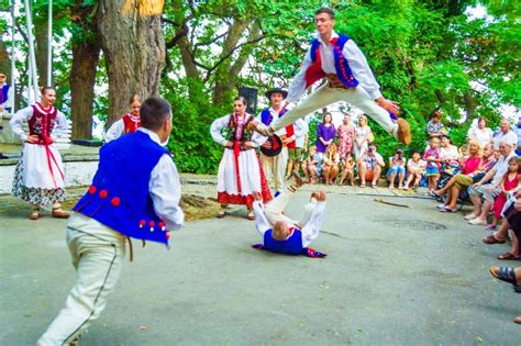 Polish Folklore Dancers Jumping Outdoor Performance Varna Bulgaria