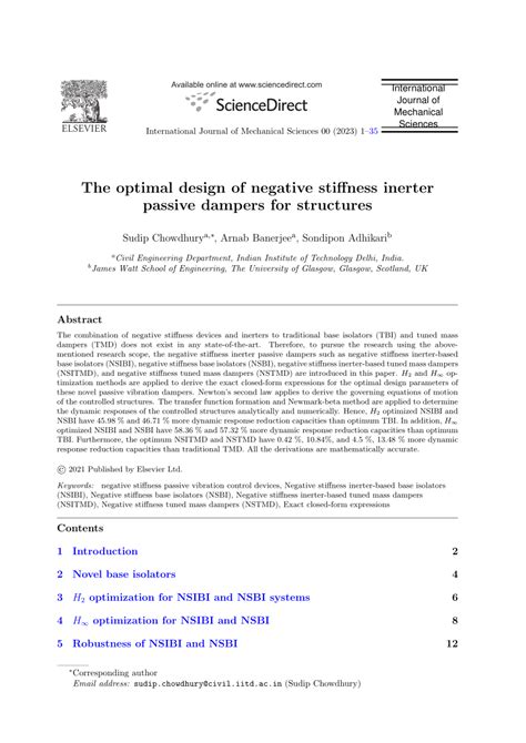 Pdf The Optimal Design Of Negative Stiffness Inerter Passive Dampers For Structures