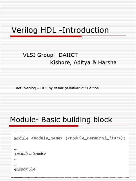 Verilog Hdl Introduction Vlsi Group Daiict Kishore Aditya