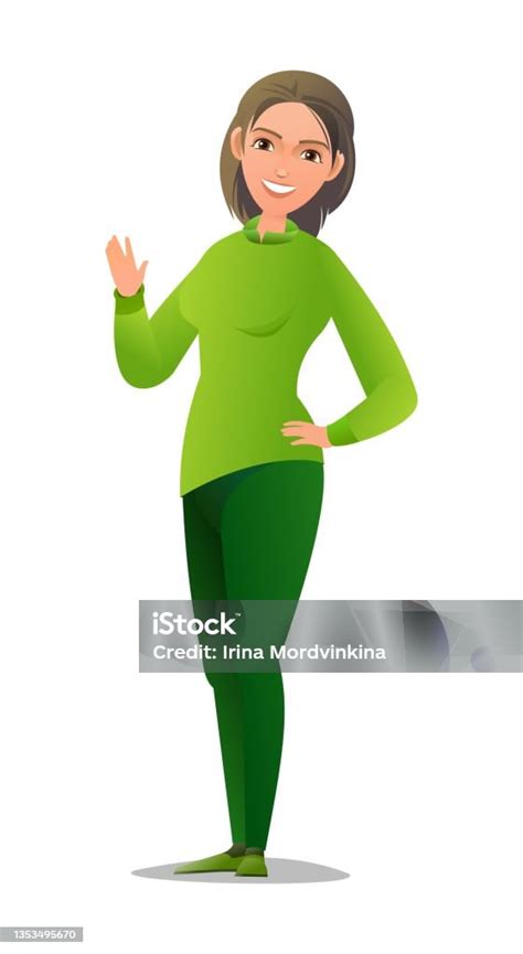 바지와 스웨터에 잘 생긴 여자 쾌활한 중년 소녀 쾌활한 사람 스탠딩 포즈 만화 만화 스타일의 평면 디자인 단일 문자입니다 흰색 배경에 격리된 그림입니다 벡터 개념에 대한