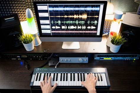 Premium Photo Overview Of Musician Hands Over Piano Keyboard And Computer Screen With Waveform
