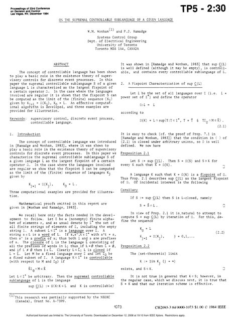 Pdf On The Supremal Controllable Sublanguage Of A Given Language
