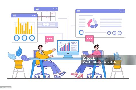 플랫 비즈니스 재무 상담 및 애널리스트 개념 모니터 보고서 그래프에 대한 투자 계획 윤곽선 디자인 스타일 최소 벡터 일러스트