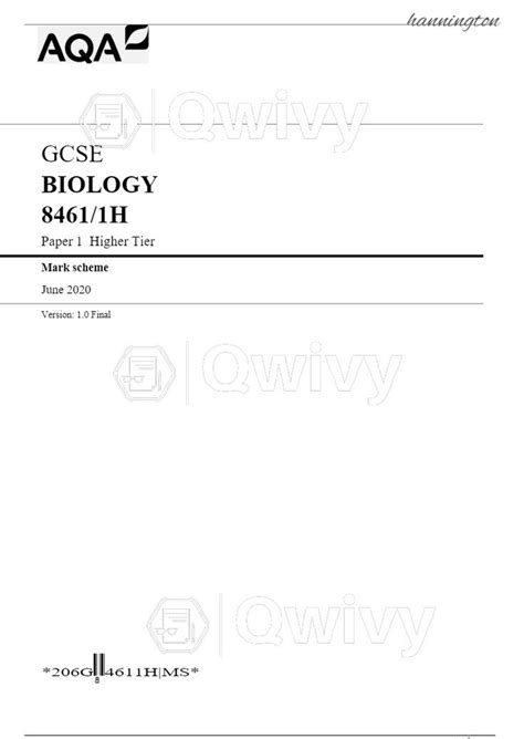 Aqa Gcse Biology 8461 1h Paper 1 Higher Tier Mark Scheme June 2020