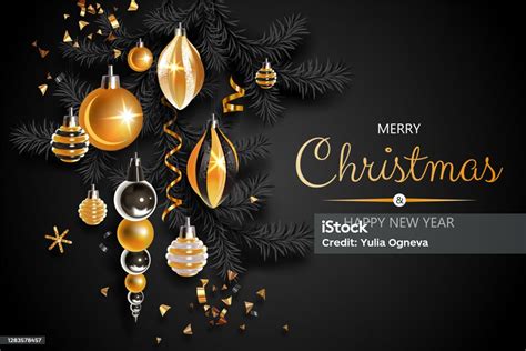 금색 크리스마스 기호와 텍스트가로 수평 배너 크리스마스 트리 공 리본 및 검은 배경에 다른 축제 요소 12월에 대한 스톡 벡터