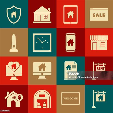 텍스트 판매 임대료 쇼핑 건물 또는 시장 상점 태블릿 및 스마트 홈 시계 워싱턴 기념물 집 방패 및 휴대 전화 아이콘과 함께 설정 기호 벡터 Brand Name Smart