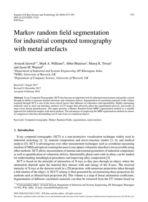 Pdf Markov Random Field Segmentation For Industrial Computed Tomography With Metal Artefacts
