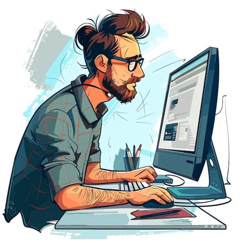 Premium Vector Hipster Man Working At The Computer Vector Illustration In Cartoon Style
