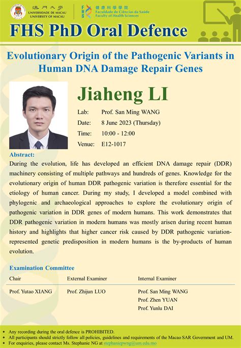 PhD Oral Defence In Faculty Of Health Sciences By Mr Jiaheng LI On 8