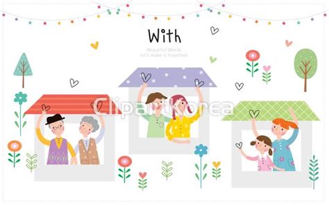 일러스트 함께함 사람 남자 여자 어른 미소 가족 사랑 화목 행복 화합 주택 이웃 공동체 손흔들기 인사 노년 노부부 할머니