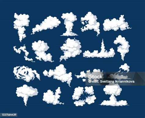 연기 구름 연기 폭발 효과 세트 만화 스모그 먼지 스트리밍 곡선 푹신한 폭발 연기 물리적 구조에 대한 스톡 벡터 아트 및 기타