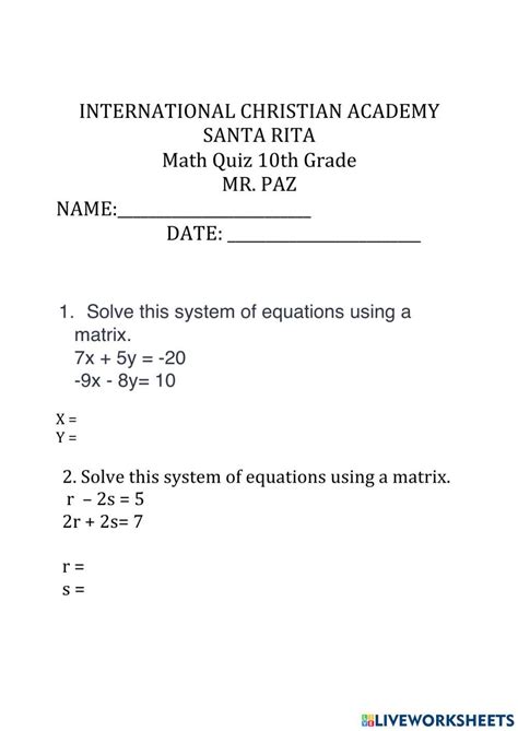 Solving Systems By Using Matrices Online Exercise For Live