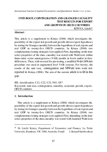 Unit Root Cointegration And Granger Causality Test Results For Export And Growth In Oecd Countries