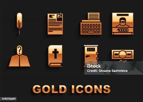 성경책 수배 포스터 지폐 현금 감옥 문 물음표가 있는 익명 복고풍 타자기 깃털 펜 및 소송 아이콘을 설정합니다 벡터 개척시대의 서부에 대한 스톡 벡터 아트 및 기타 이미지