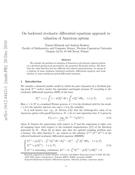 Pdf On Backward Stochastic Differential Equations Approach To Valuation Of American Options