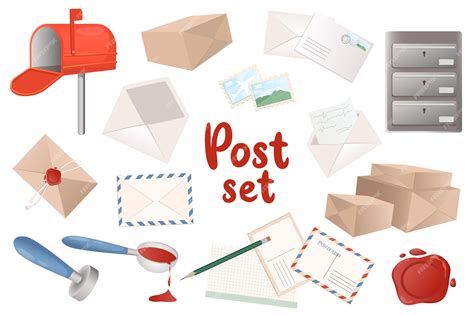 플랫 디자인으로 설정된 포스트 격리 요소 우편함 소포 골판지 상자 편지 열기 및 닫힌 봉투 밀랍 봉인 및 우표 연필 메일 서신