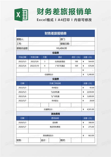 财务个人差旅报销单Excel模板下载 熊猫办公