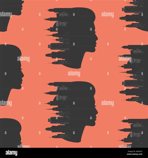Seamless Pattern Womens Profile And The City Double Exposure Vector Clipart Stock Vector