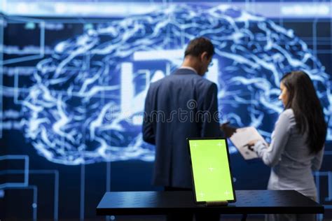 Technicians Use Green Screen Tablet And Ai Neural Networks To Look At Data Stock Image Image