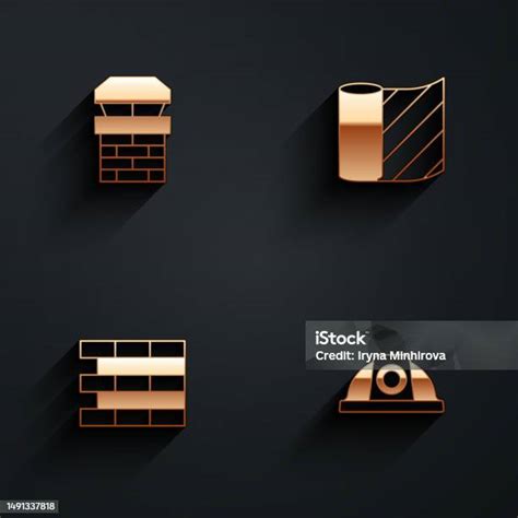 굴뚝 벽지 벽돌 및 작업자 안전 헬멧 아이콘을 긴 그림자로 설정합니다 벡터 가정의 방에 대한 스톡 벡터 아트 및 기타 이미지 가정의 방 건설 산업 건축 Istock