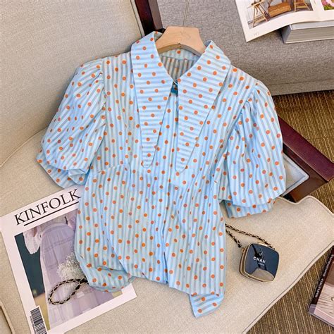 빈티지 폴카 도트 블라우스 여성 여름 한국 퍼프 반소매 쉬폰 셔츠 플러스 사이즈 귀여운 탑 블러셔 Aliexpress