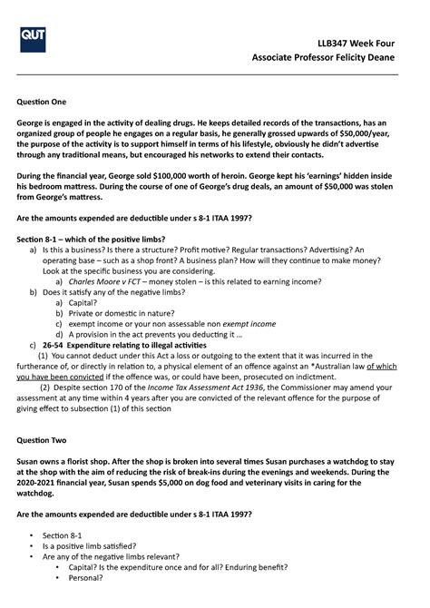 Week 4 2022 Tax Law Tutorial Notes Week 4 Llb347 Week Four