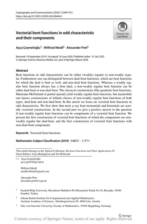 Vectorial Bent Functions In Odd Characteristic And Their Components Request Pdf