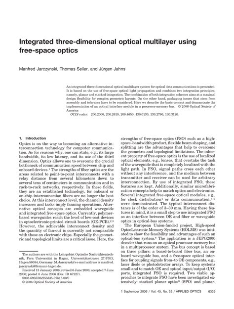 Pdf Integrated Three Dimensional Optical Multilayer Using Free Space