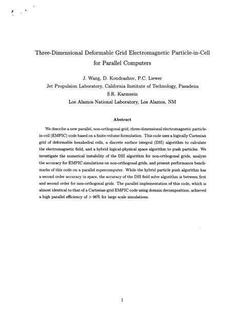 Pdf Three Dimensional Deformable Grid Electromagnetic Particle In Cell For Parallel Computers