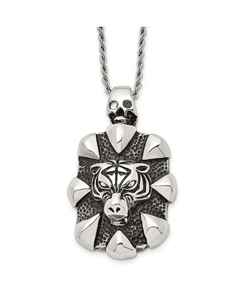 Chisel Antiqued Tiger And Skull Pendant Rope Chain Necklace Macys