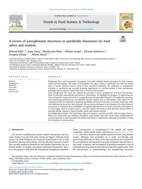 Pdf A Review Of Nanophotonic Structures In Optofluidic Biosensors For Food Safety And Analysis