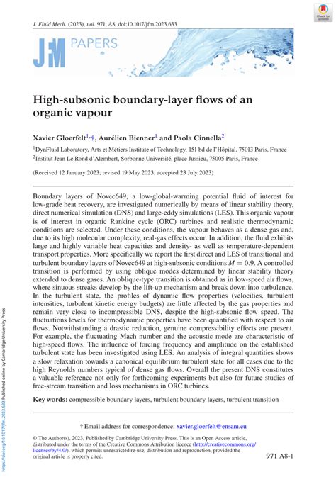 Pdf High Subsonic Boundary Layer Flows Of An Organic Vapour