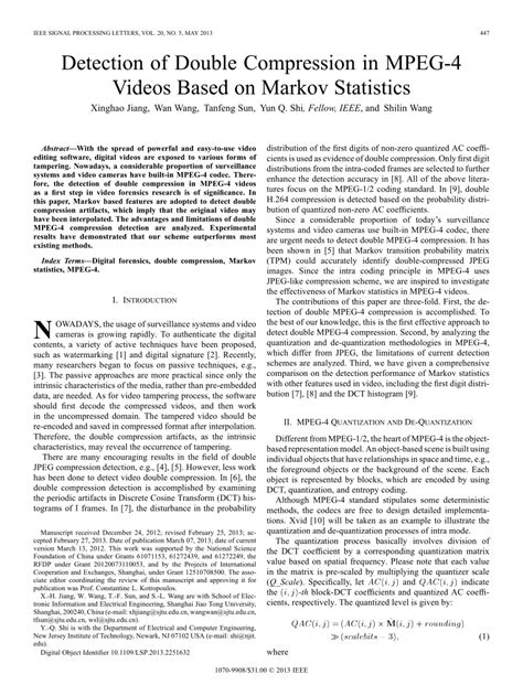 Pdf Detection Of Double Compression In Mpeg 4 Videos Based On Markov Statistics