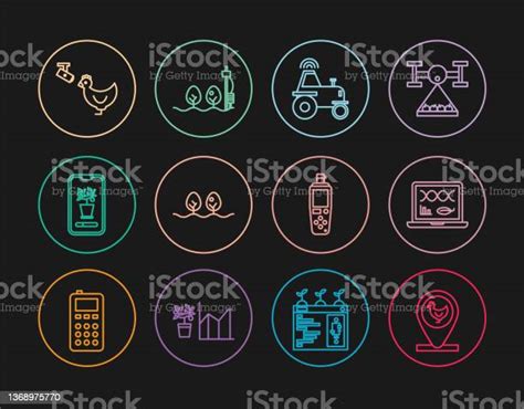 세트 라인 치킨 농장 및 위치 유전 공학 수정 무선 트랙터 스마트 식물 스마트 제어 농업 시스템 카메라 휴대용 센서 및 독립 실행형 식물 아이콘 벡터 Dna에 대한 스톡