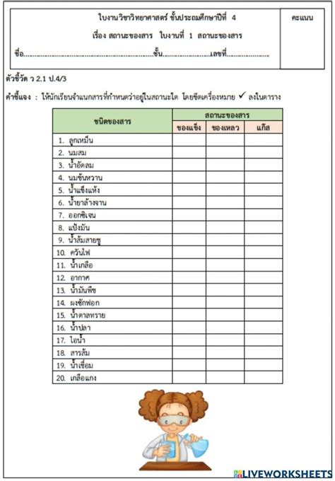ใบงานที่ 1 สถานะของสาร Worksheet School Subjects Teachers Online Workouts
